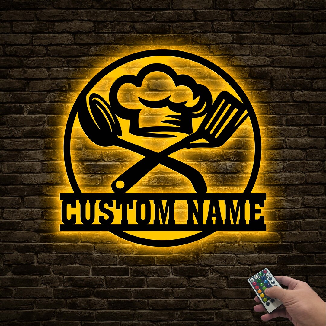Custom Chef Metal Wall Art With Led Light, Kitchen Wall Decor, Chef Hat ...