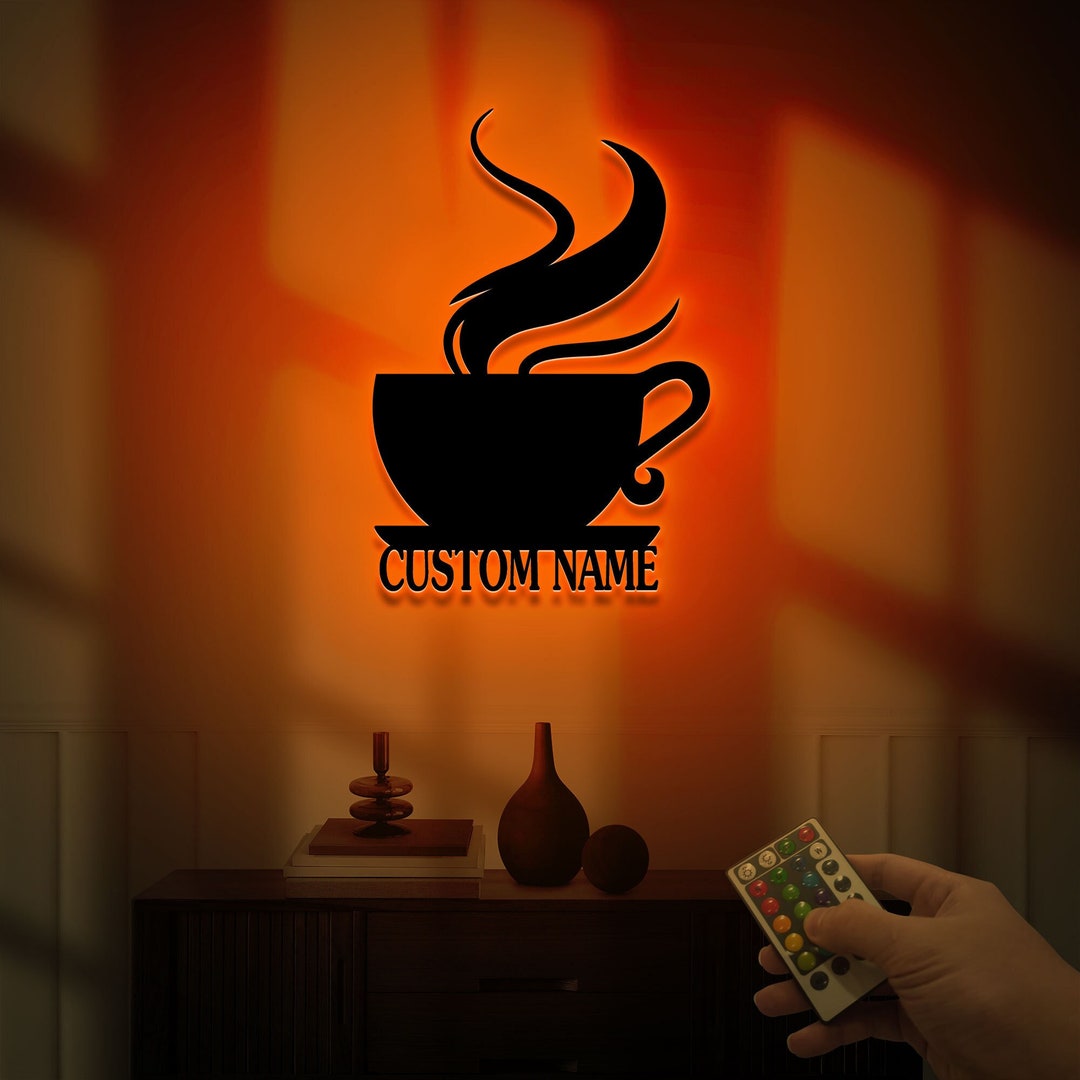 Personalized Coffee Bar Metal Sign With Led Lights, Coffee Cup Sign ...