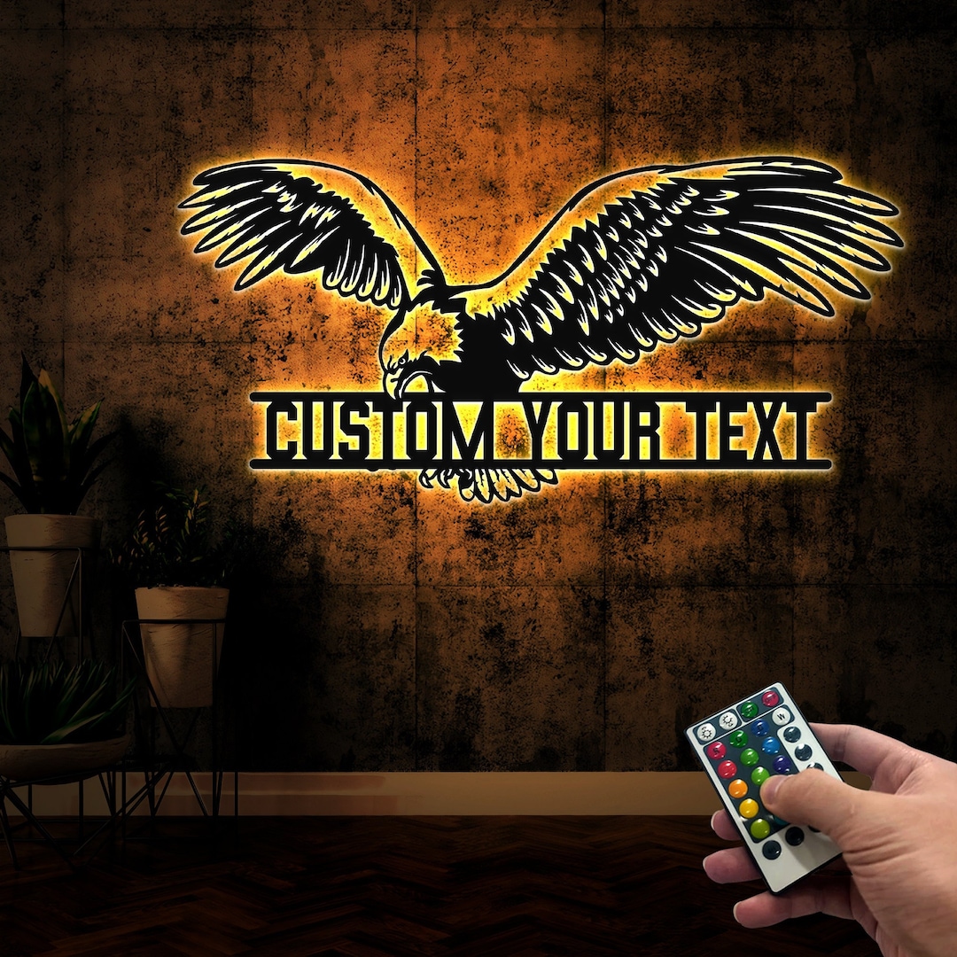 Custom Eagle Metal Wall Art With Lights, Eagle Metal Sign Wall Decor ...