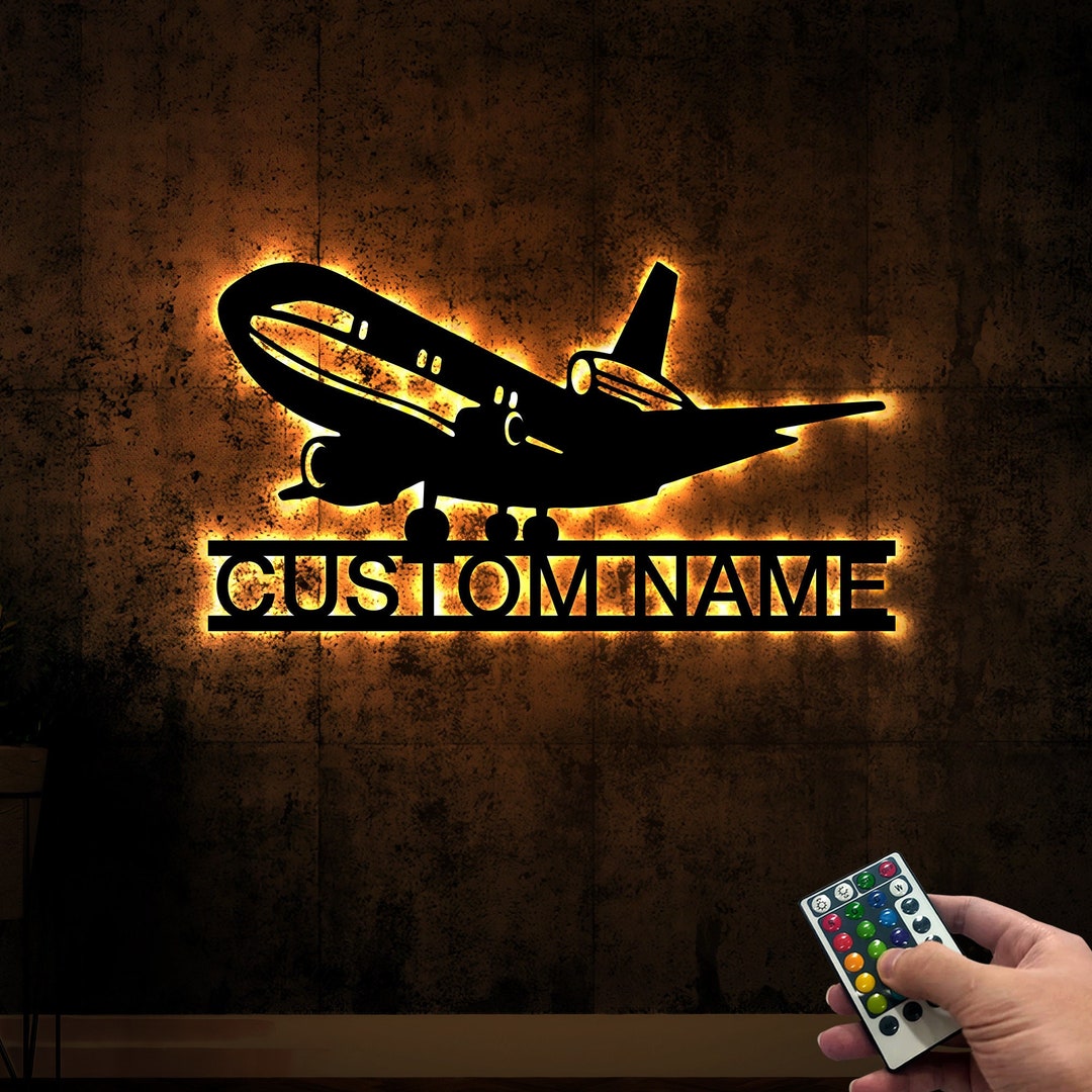 Custom Airplane Metal Wall Art With Led Light, Pilot Name Sign, Kids ...