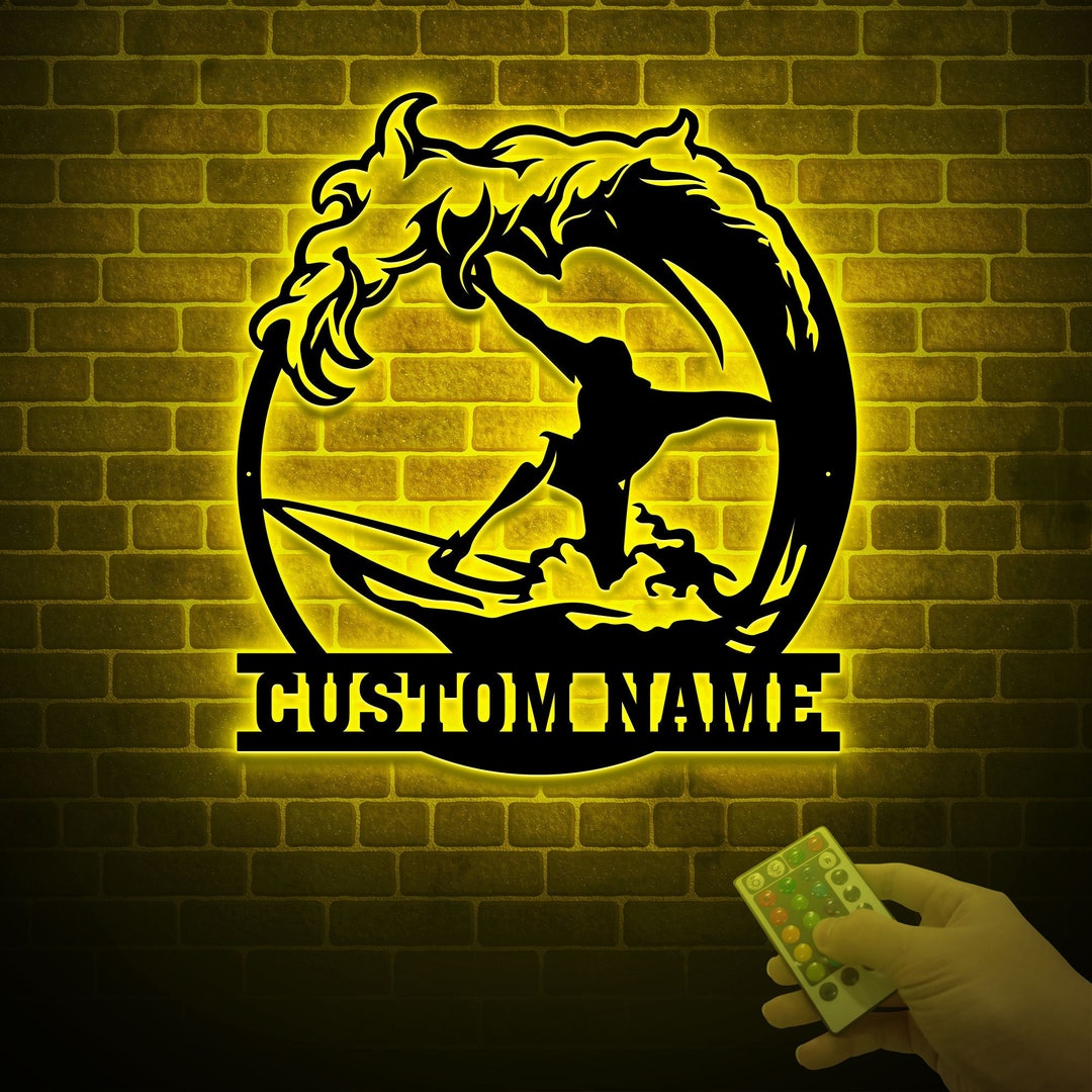 Custom Wave Surfing Metal Sign Led Light, Surfer Name Sign, Water Sport ...