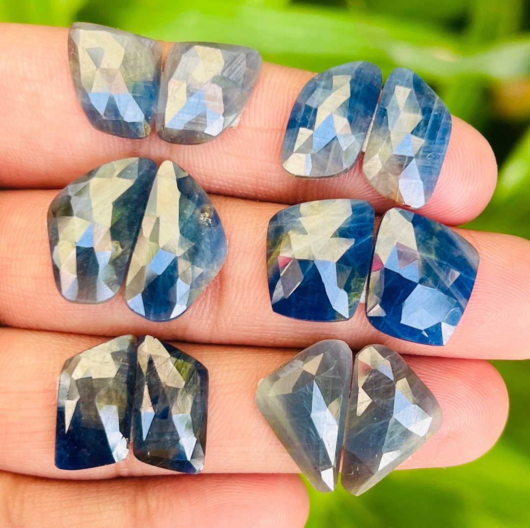 Natural Blue Sapphire Rose Cut Gemstone Slice Flat Back 6 Matched Pairs ...