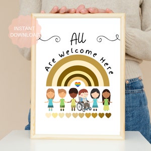 All Are Welcome Here, Diversity Rainbow Art Poster,inclusive Classroom ...