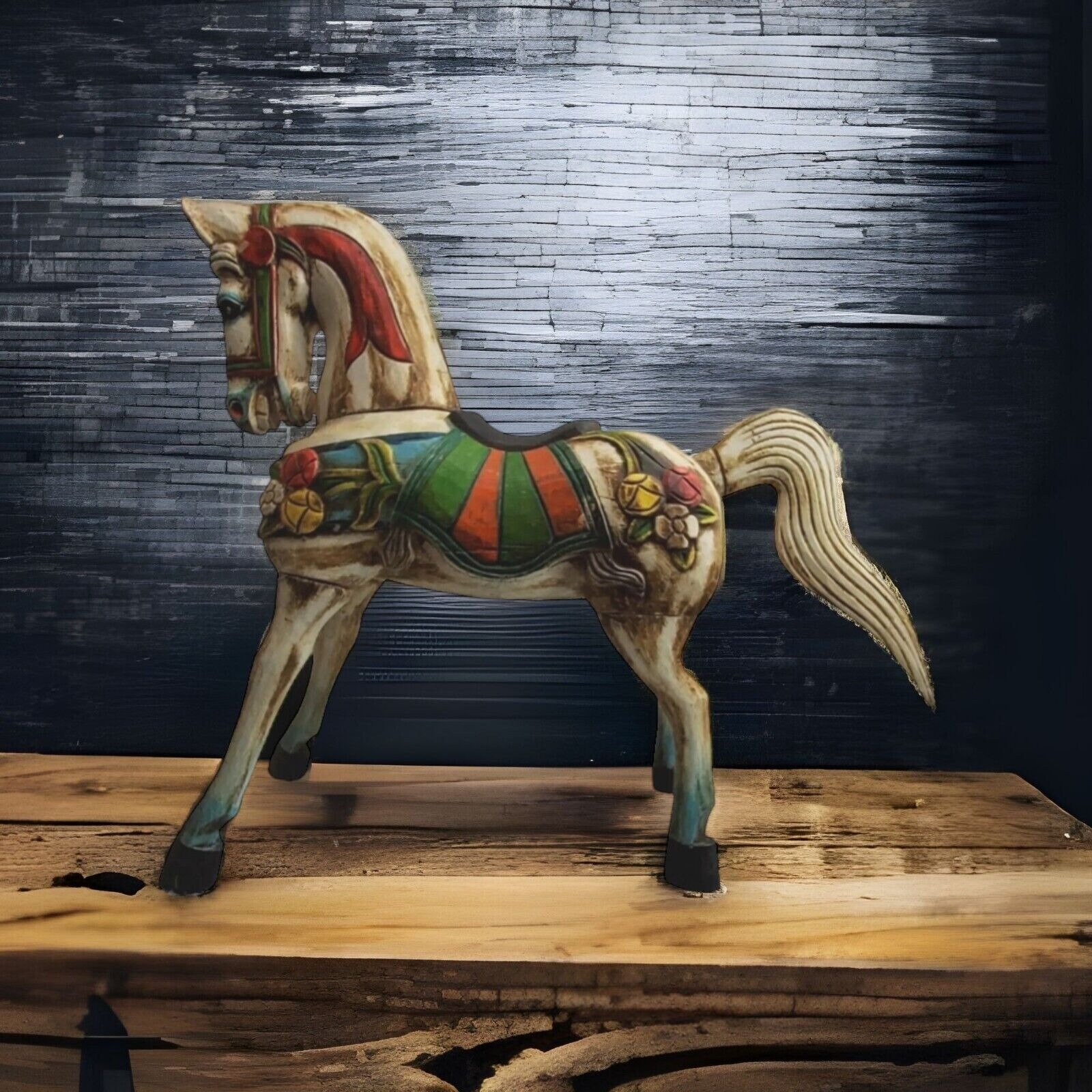 Antique Folk Art Colorful Wooden Carousel Horse Sculpture Figurine ...