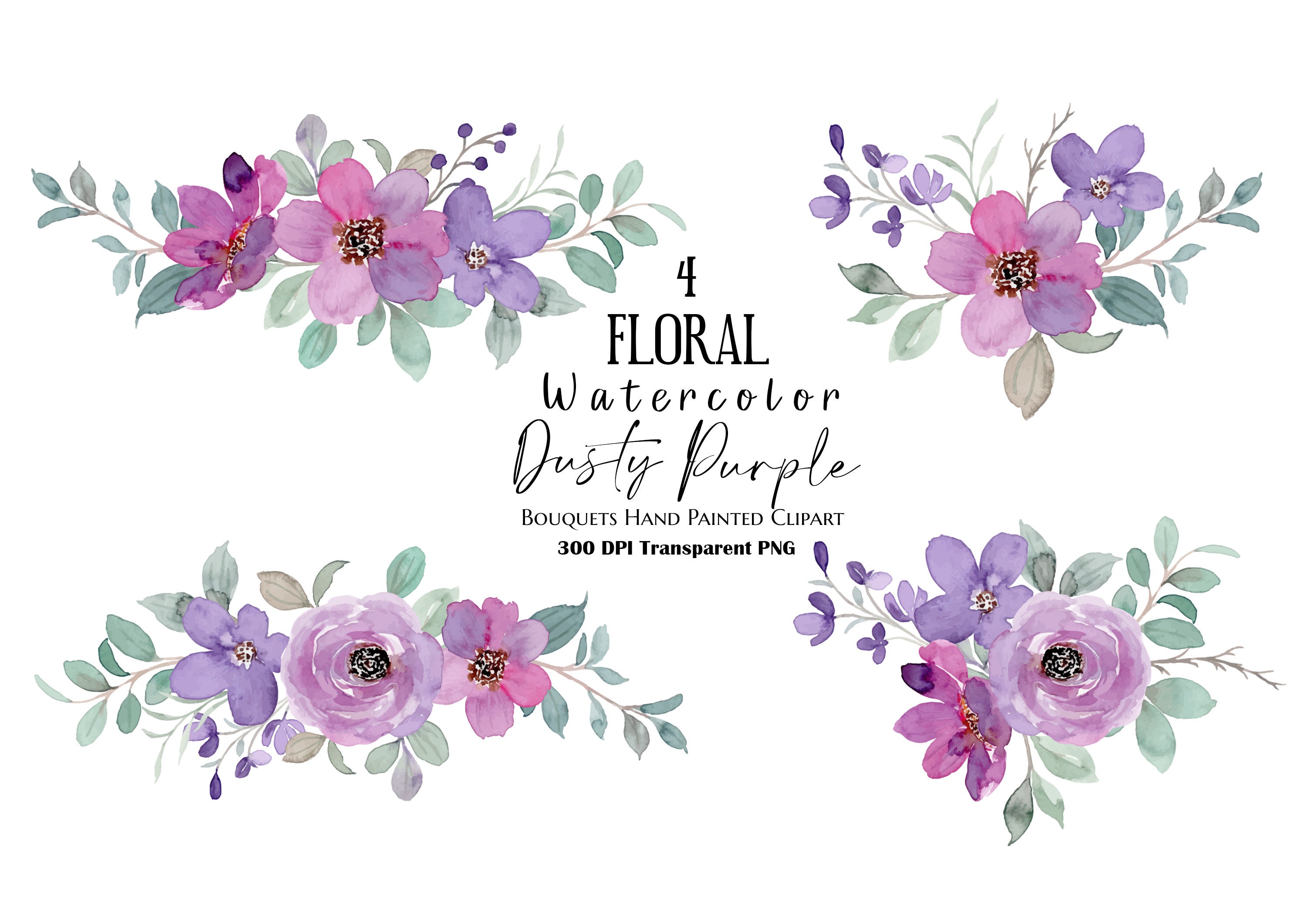 Purple Watercolor Floral Clipart: Spring Flowers PNG (digital Download ...