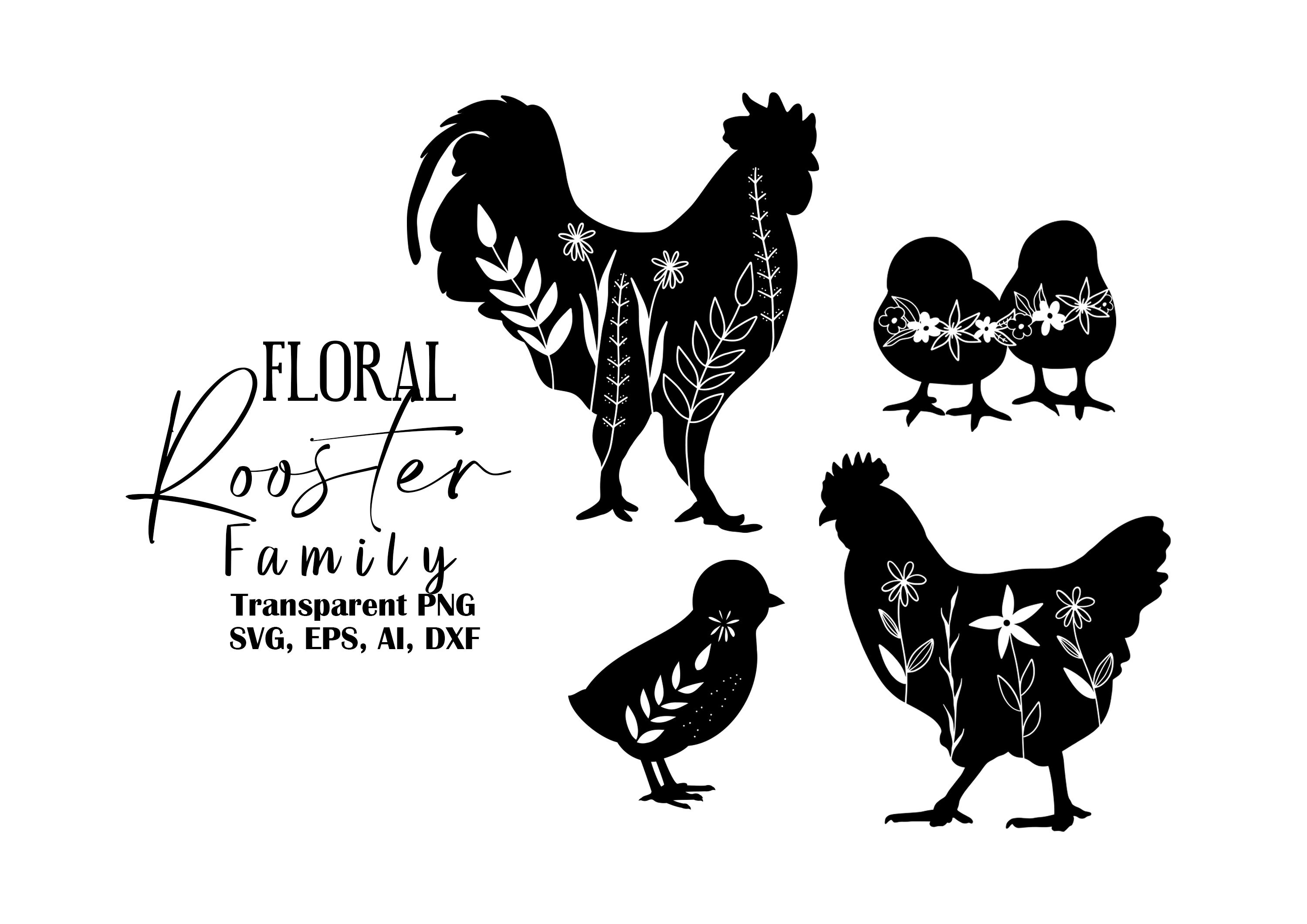 Floral Rooster Family Svg, Chicken Svg, Floral Farm Animals Svg ...