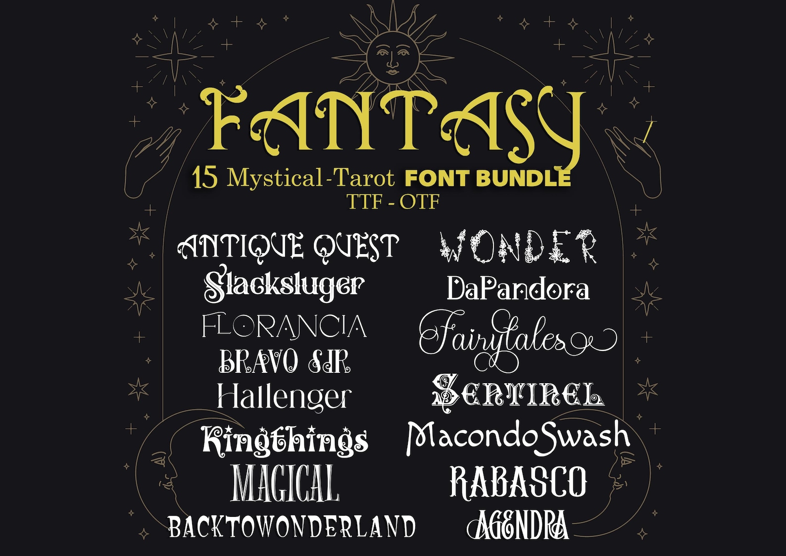 Fantasy Font Bundle, 15 Mystic Font, Celestial Font, Halloween Font ...