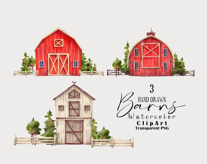 Watercolor Rustic Farm Barns Clipart PNG Sublimation Bundle Watercolour ...