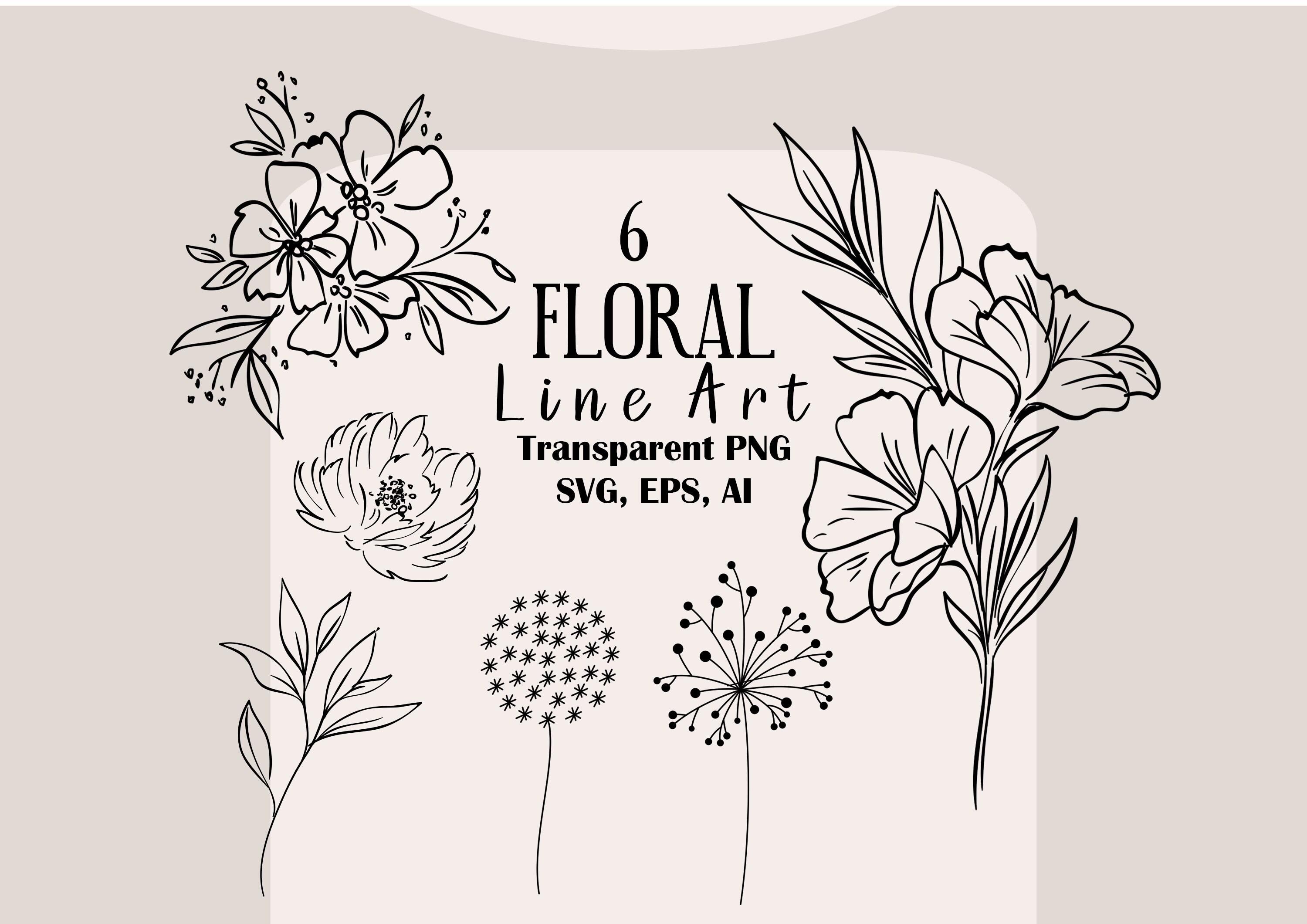 Floral Line Art SVG, Outline Flower Clipart, Hand Drawn Vector Flowers ...
