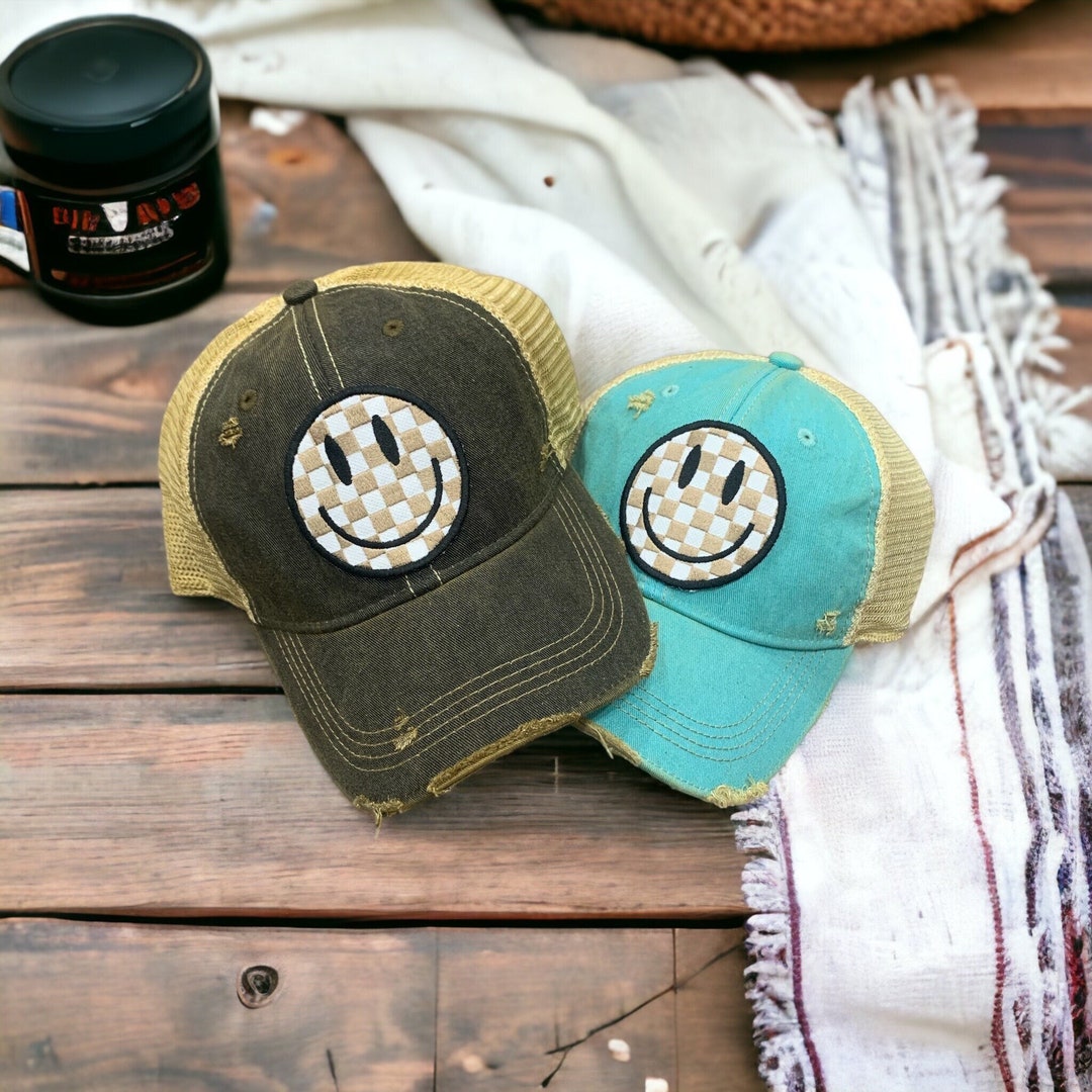 Checkered Smile Face Hat, Be Happy Hat, Smiley Hat, Hat With Smile Face ...
