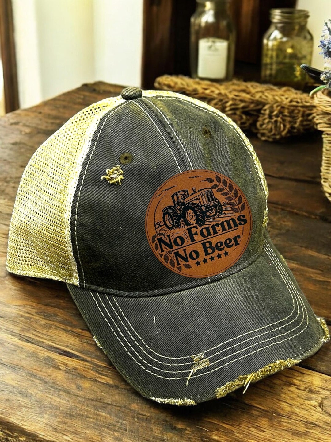Vintage No Farms No Beer Hat, Laser Engraved Leather Farmer Hat Patch ...