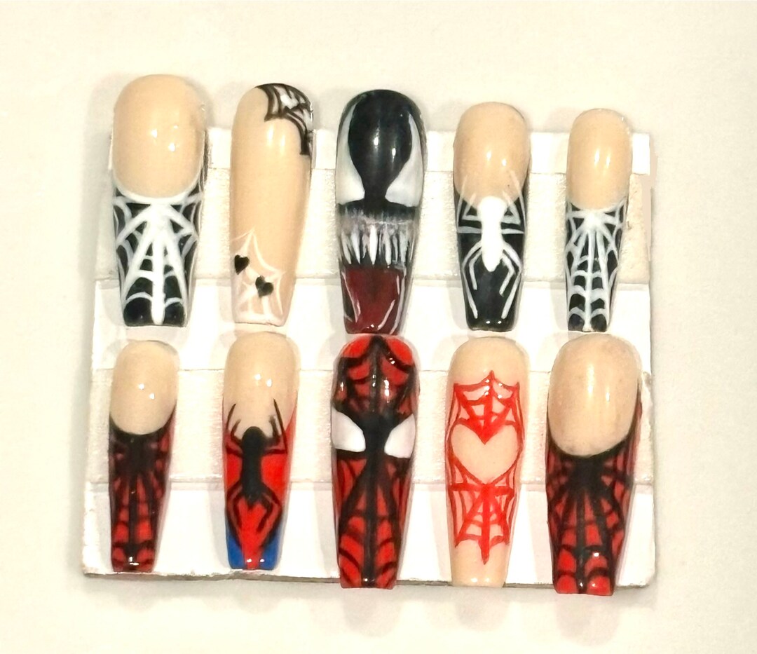 Custom Spider-man & Venom Press on Nails: Hand-painted Web French Tips ...