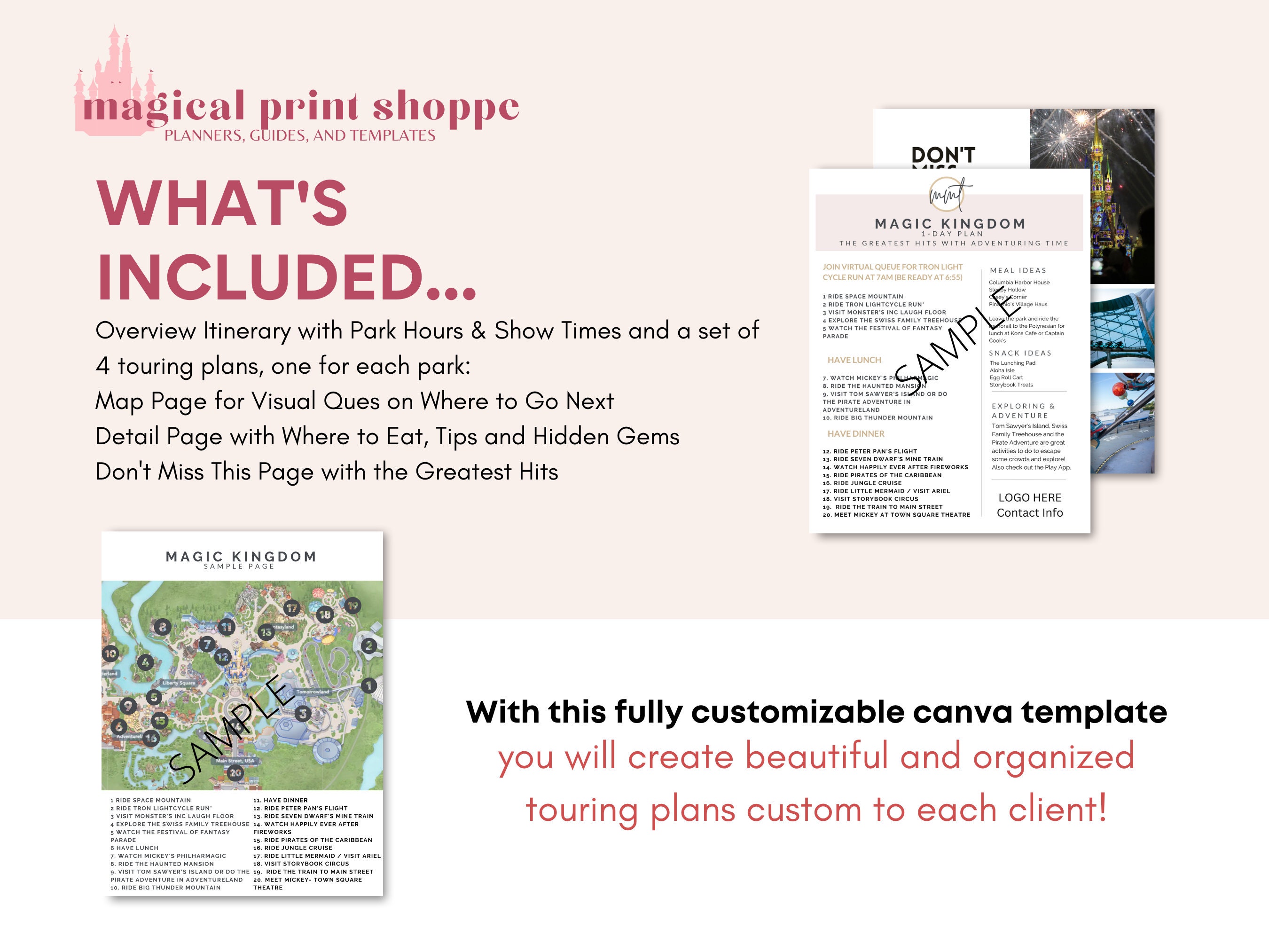 WDW Touring Plan Itinerary Canva Template / Daily Park Day Itinerary ...