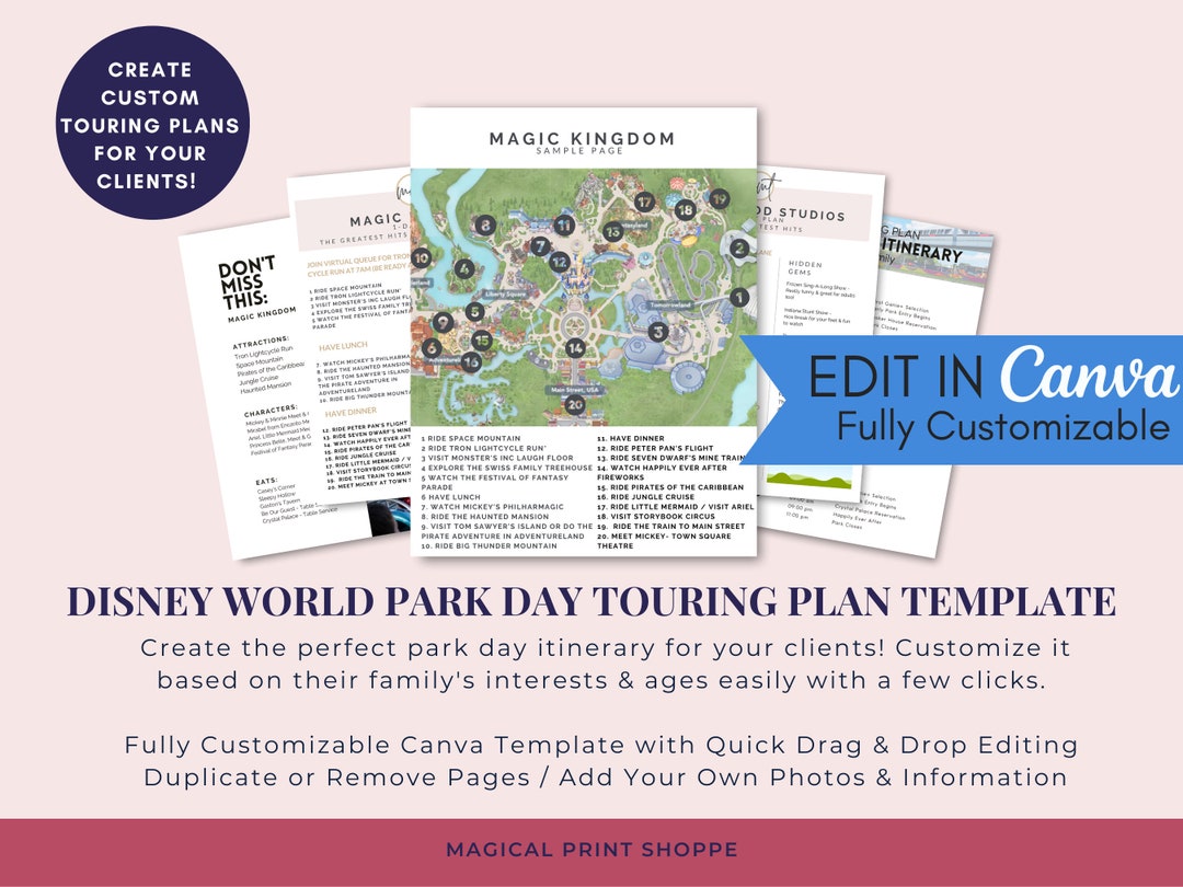 WDW Touring Plan Itinerary Canva Template / Daily Park Day Itinerary ...