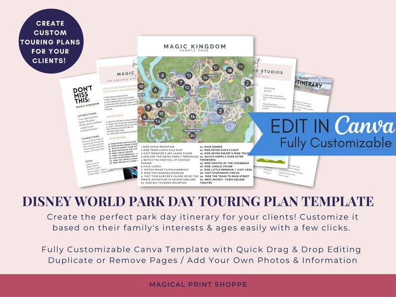 WDW Touring Plan Itinerary Canva Template / Daily Park Day Itinerary ...