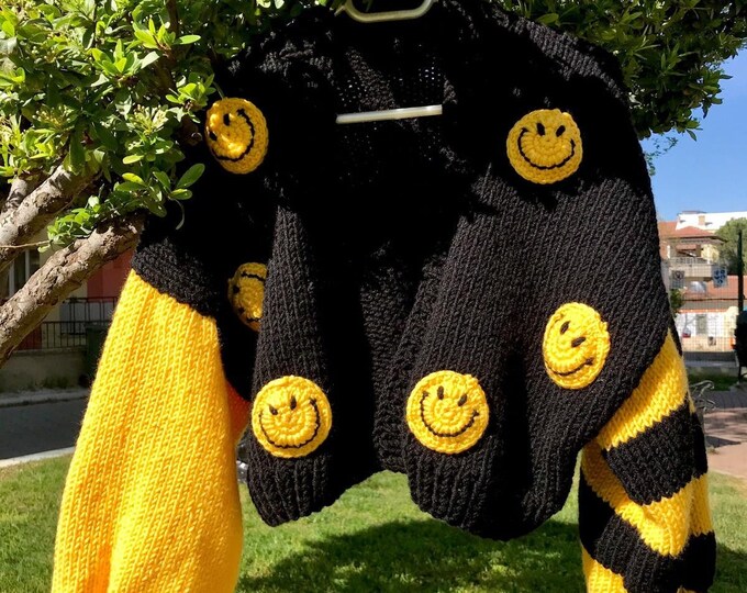 Smiley Cardigan for Women, Happy Cardigan, Chunky Cardigan, Knitted ...