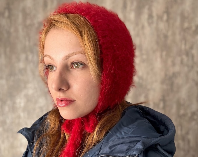Hand-knitted Adult Bow Tie Bonnet, Handmade Red Bonnet, Unisex Bonnet ...