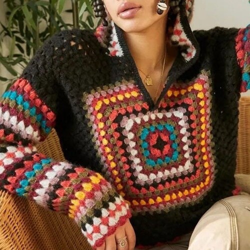 Black Granny Square Hoodie Handmade Granny Square Pullover - Etsy