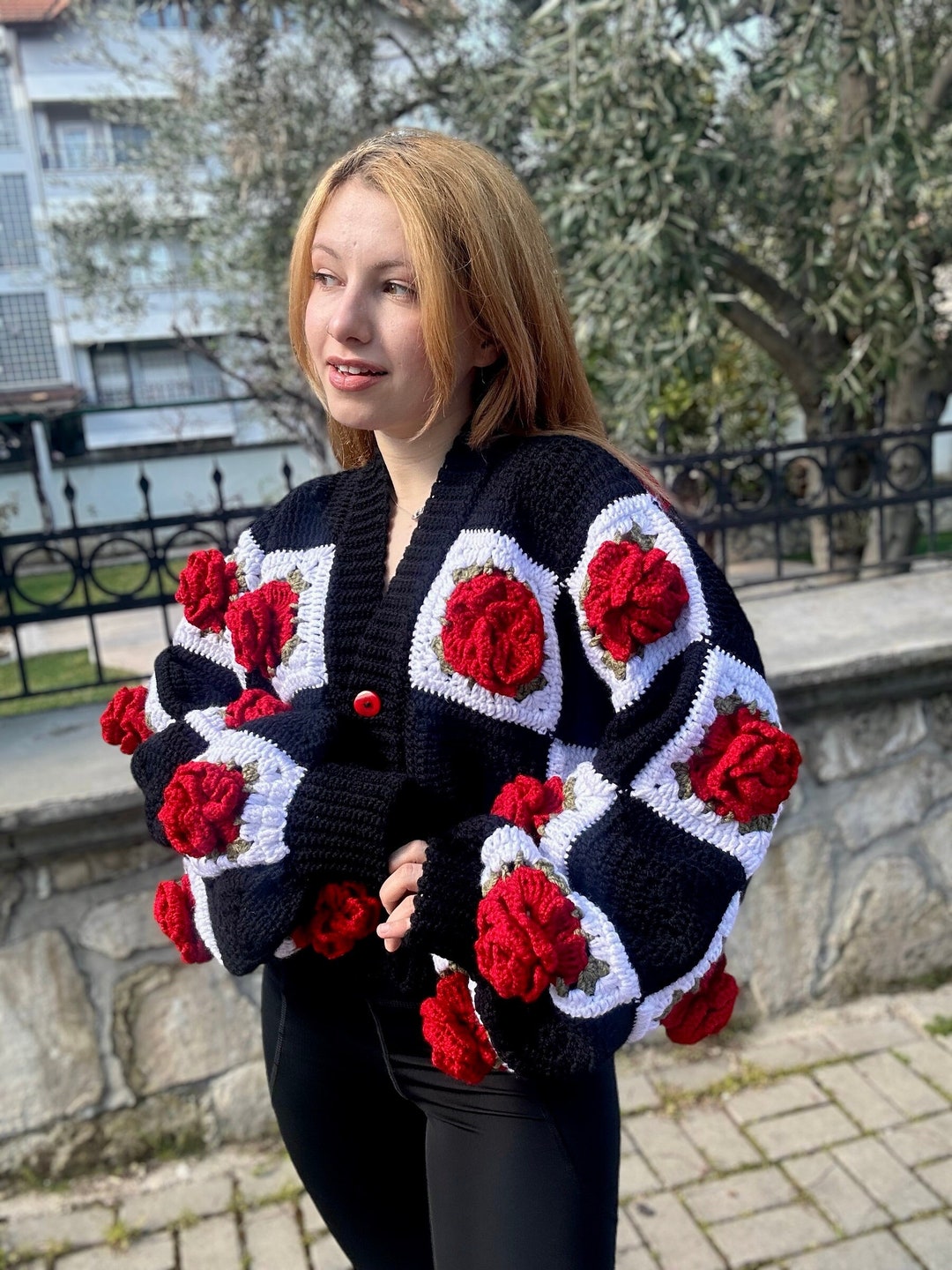 Crochet Jumbo Rose Cardigan, Black Granny Square Cardigan, Crochet Rose ...