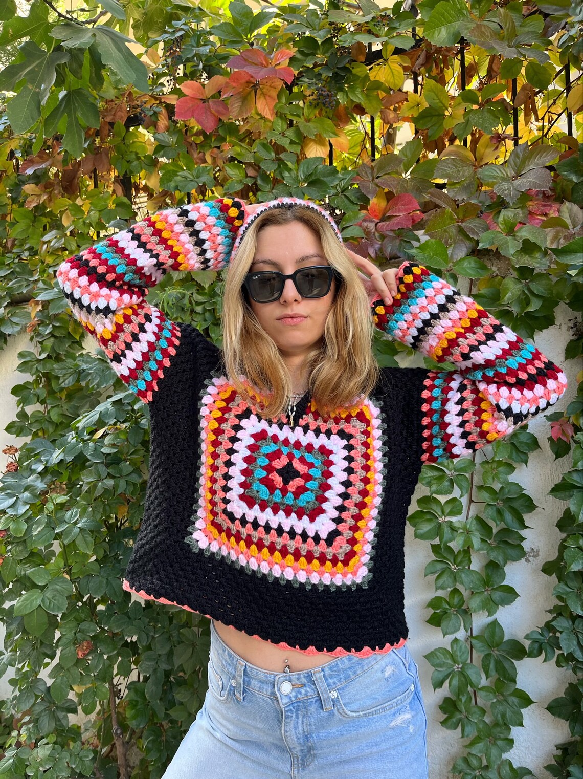 Black Granny Square Hoodie Handmade Granny Square Pullover - Etsy