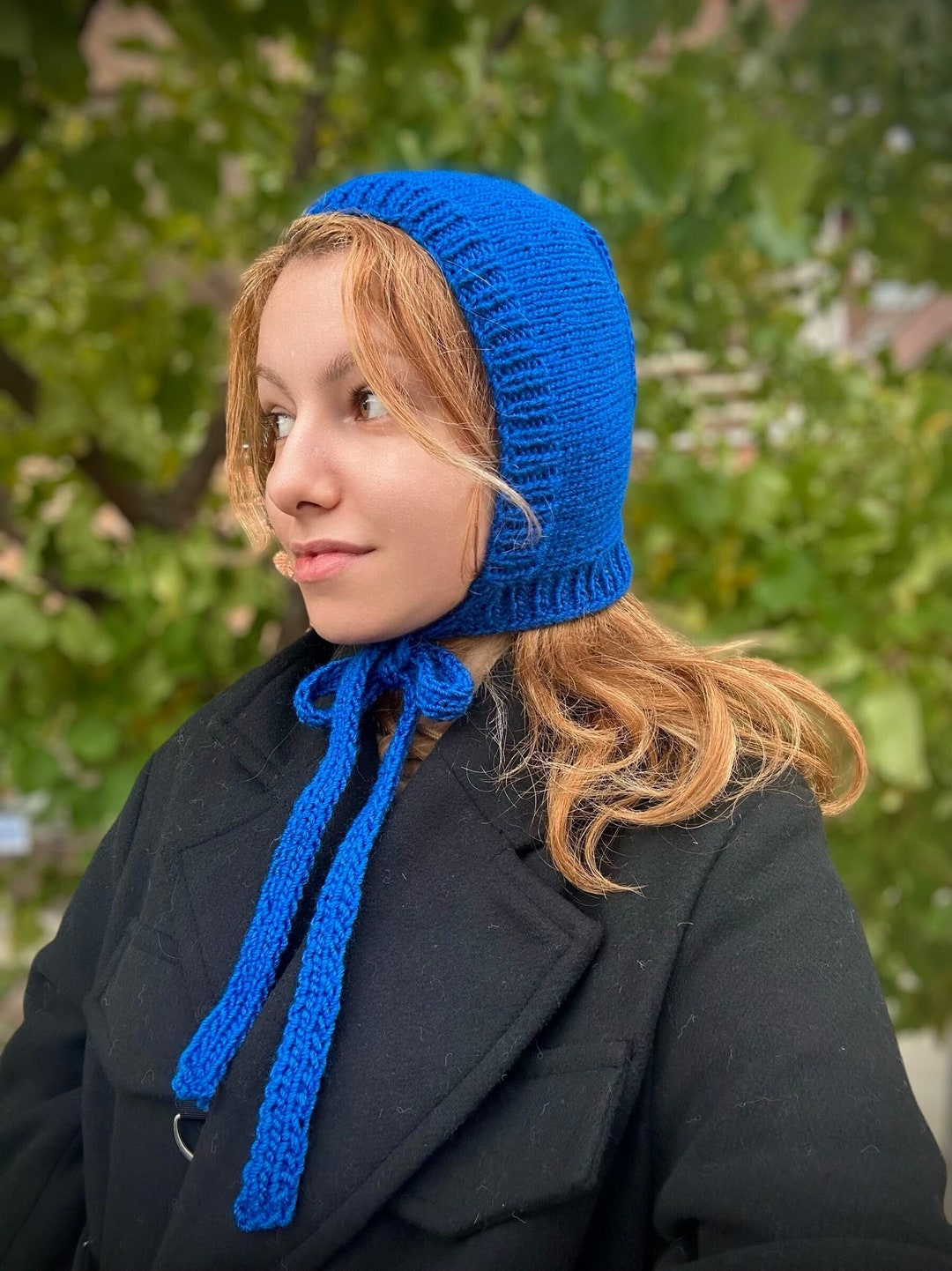 Hand-knitted Adult Bow Tie Bonnet, Handmade Blue Bonnet, Unisex Bonnet ...