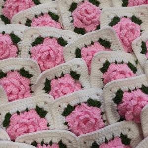 Crochet Rose Square Motif Set, Handmade Crochet Granny Square Motif ...