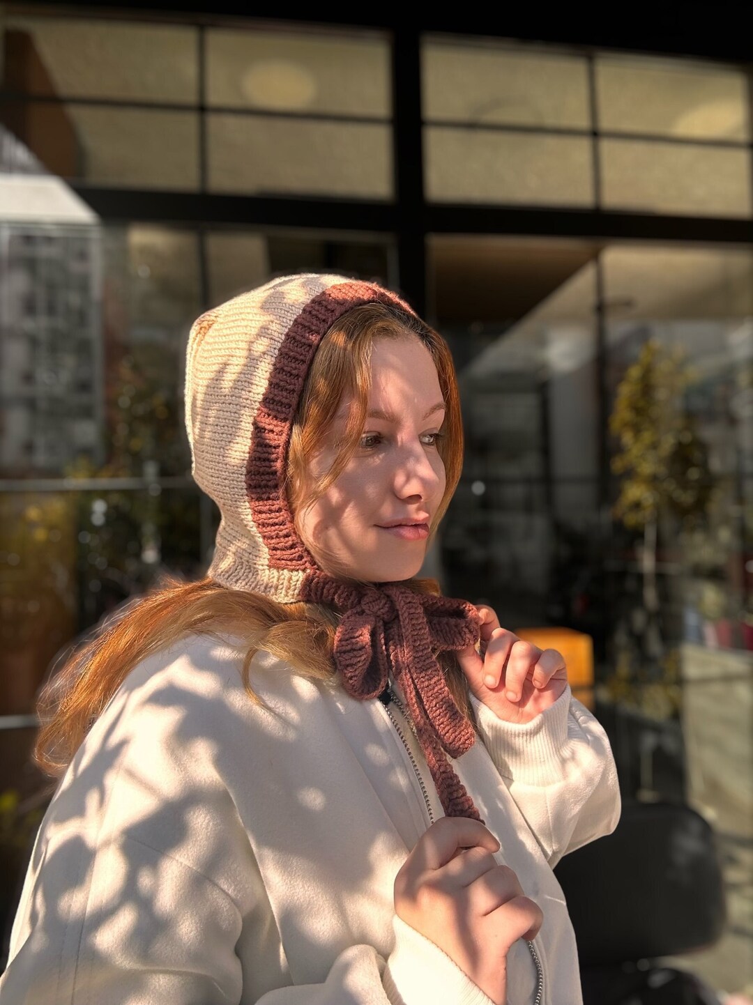 Hand-knitted Adult Bow Tie Bonnet, Handmade Beige Bonnet, Unisex Bonnet ...