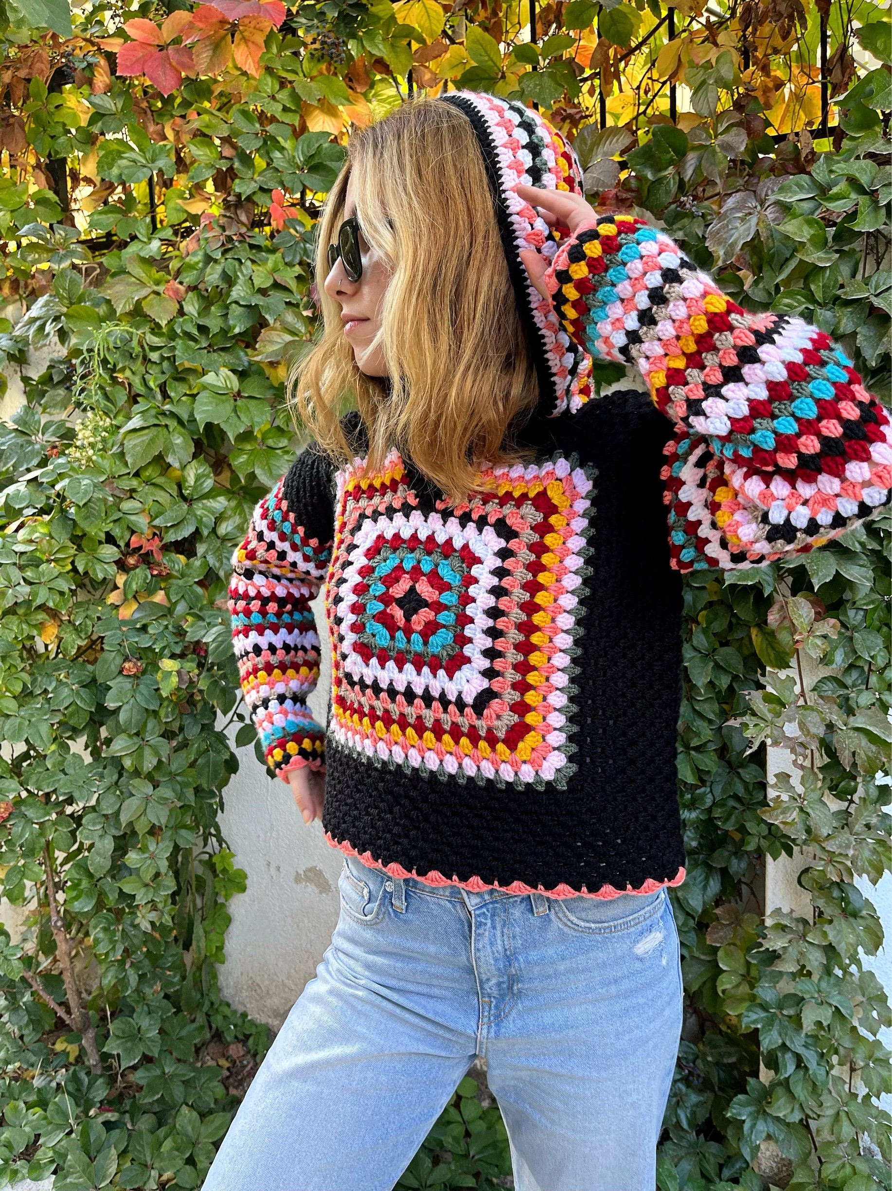 Black Granny Square Hoodie Handmade Granny Square Pullover - Etsy