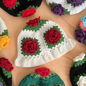 Crochet Bucket Hat, Handmade Rose Flower Hat, Crochet, Knit Flower ...