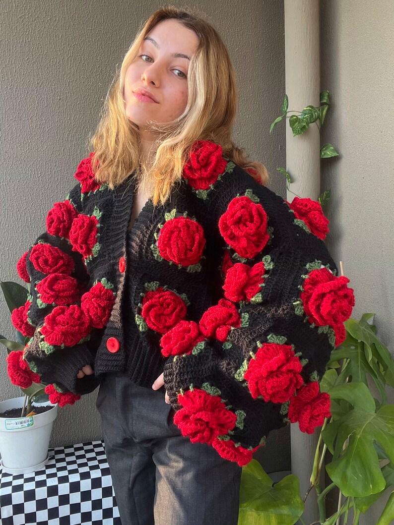 Crochet Jumbo Rose Cardigan Black Granny Square Cardigan - Etsy