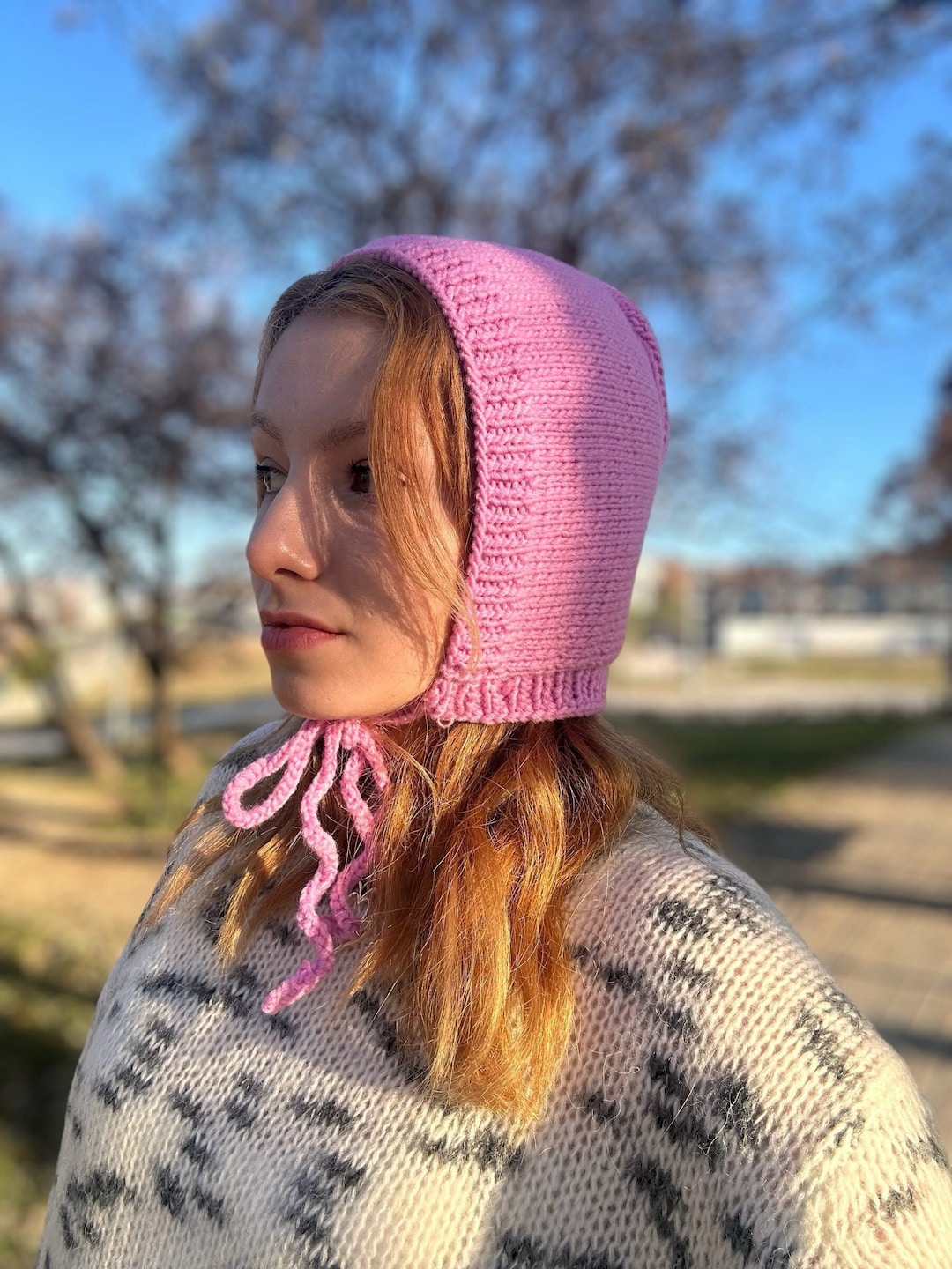 Hand-knitted Adult Bow Tie Bonnet, Handmade Pink Bonnet, Unisex Bonnet ...