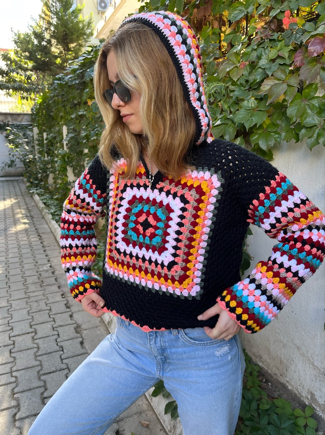 Black Granny Square Hoodie Handmade Granny Square Pullover - Etsy