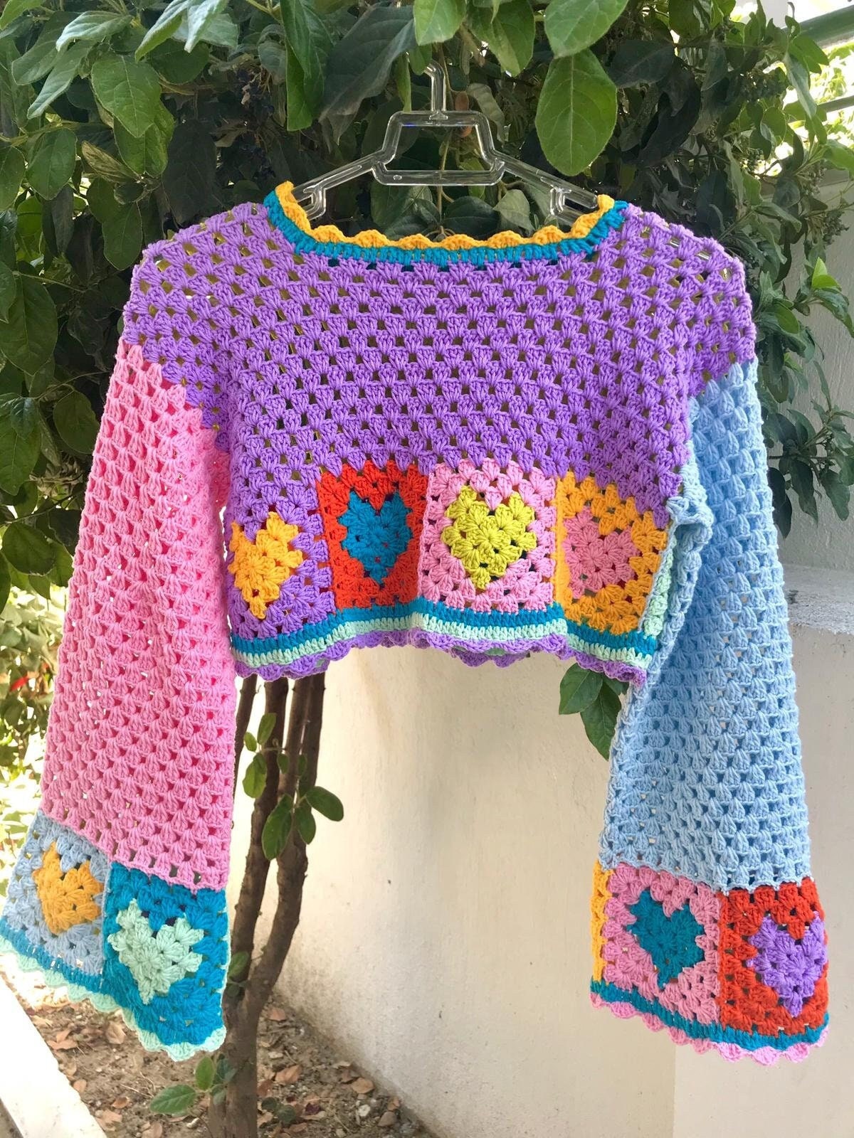 Crochet Heart Crop Top, Granny Square Top, Colorful Top Crochet Heart Crop Top, Granny Square Top, Colorful Top