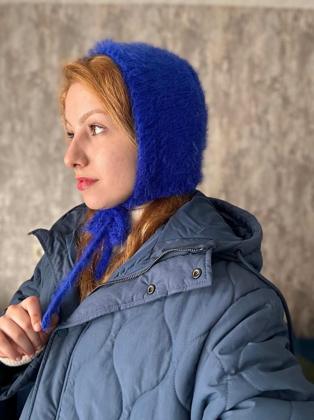 Hand-knitted Adult Bow Tie Bonnet, Handmade Blue Bonnet, Unisex Bonnet ...