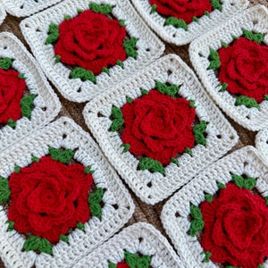Crochet Rose Square Motif Set, Handmade Crochet Granny Square Motif ...