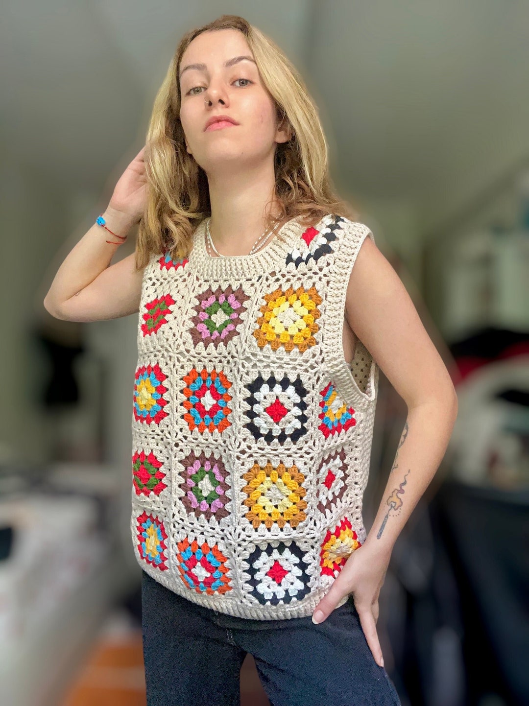 Patchwork Sweater,granny Square Sweater, Granny Square Vest, Handmade ...