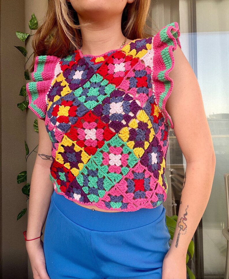 Patchwork Top Handmade Multicolored Blouse Granny Square - Etsy