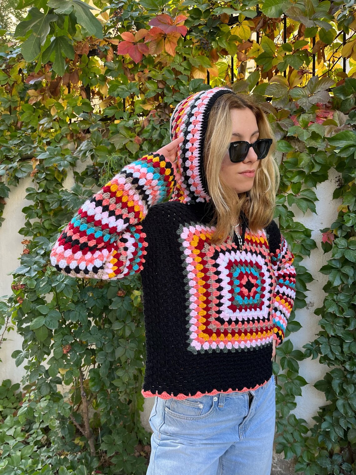 Black Granny Square Hoodie Handmade Granny Square Pullover - Etsy
