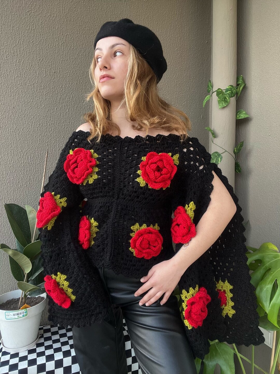 Alisdaknit Style Jumbo Rose Sweater, Black Granny Square Sweater, Red ...