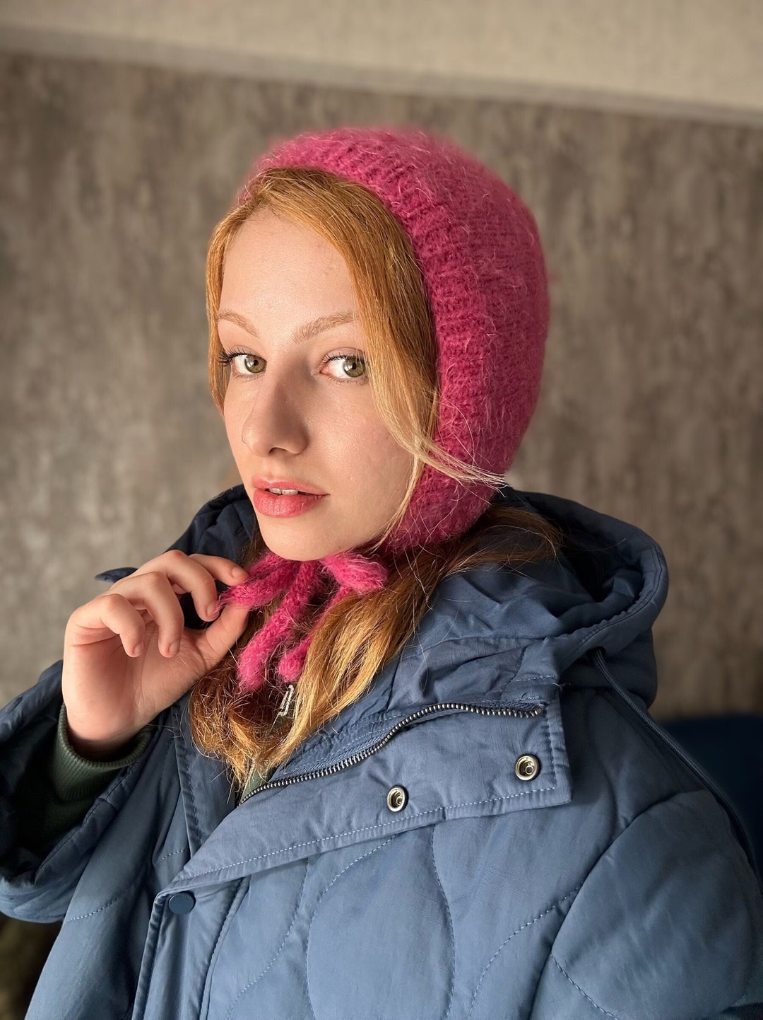 Hand-knitted Adult Bow Tie Bonnet, Handmade Pink Bonnet, Unisex Bonnet ...