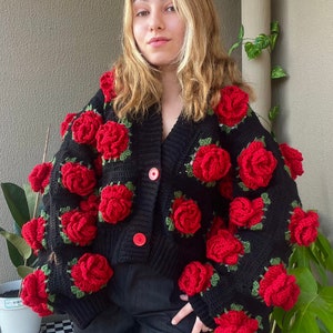 Crochet Jumbo Rose Cardigan, Black Granny Square Cardigan, Crochet Rose ...