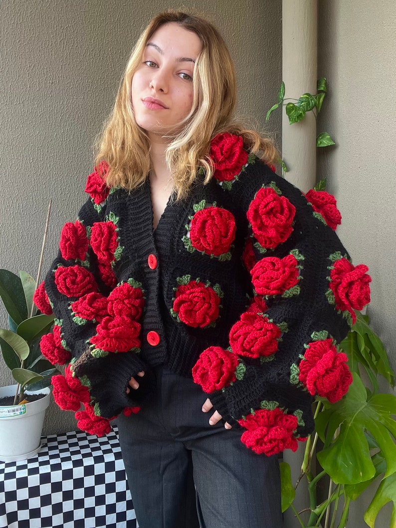 Crochet Jumbo Rose Cardigan Black Granny Square Cardigan - Etsy