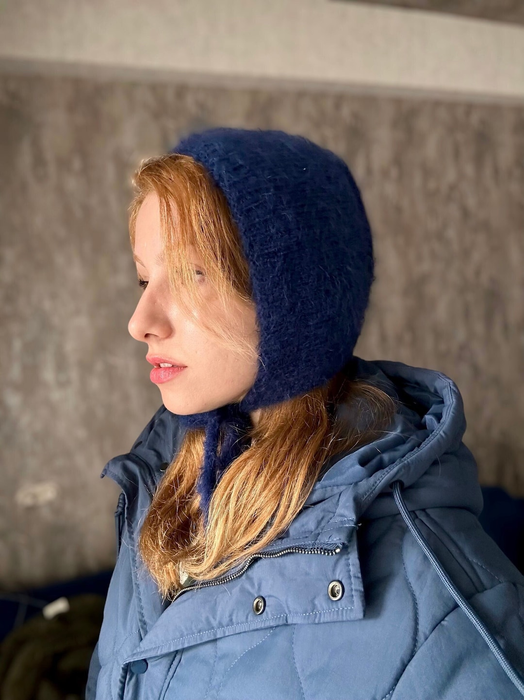 Hand-knitted Adult Bow Tie Bonnet, Handmade Blue Bonnet, Unisex Bonnet ...