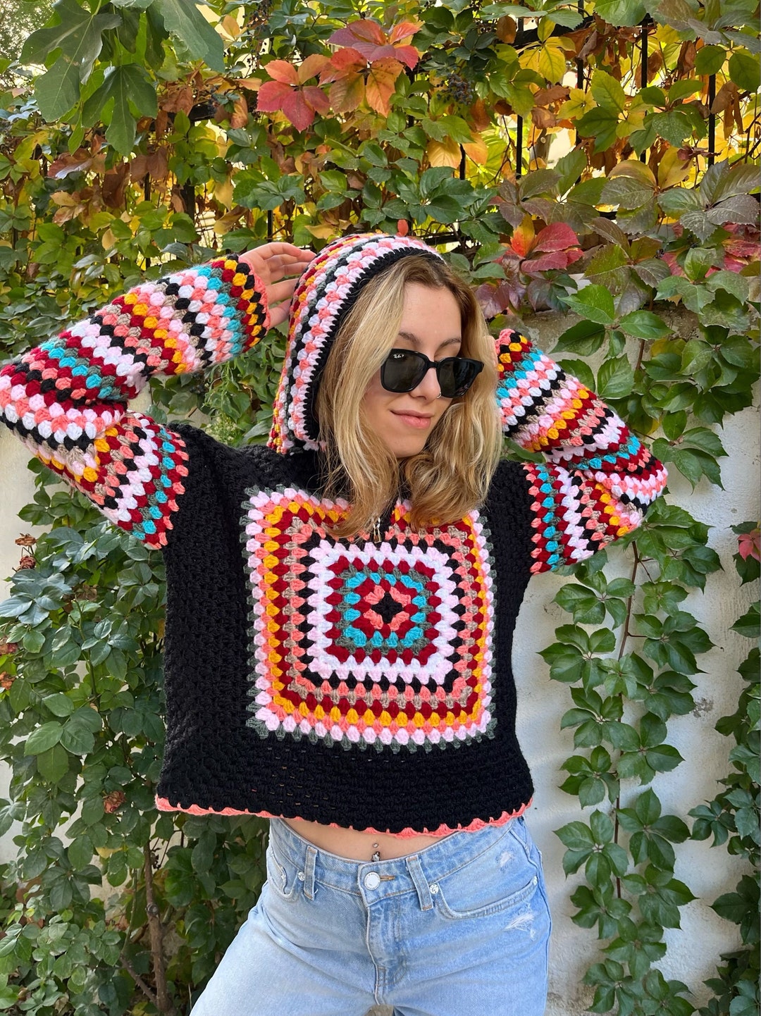 Black Granny Square Hoodie, Handmade Granny Square Pullover, Crochet ...