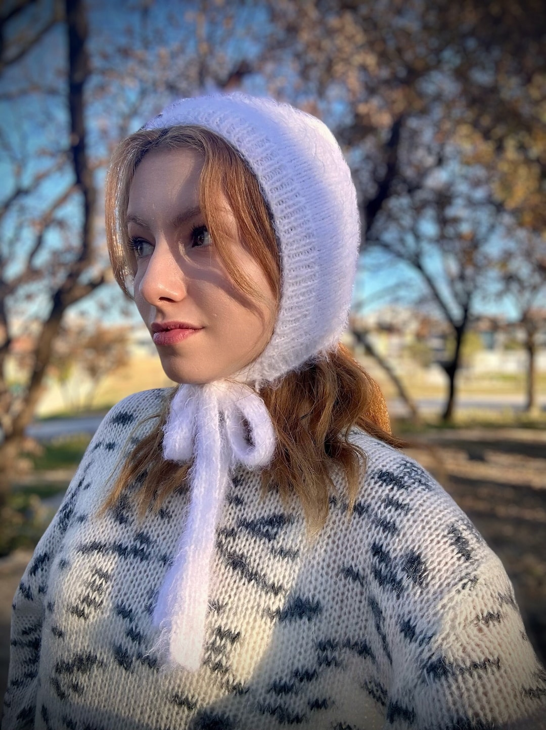 Hand-knitted Adult Bow Tie Bonnet, Handmade White Bonnet, Unisex Bonnet ...