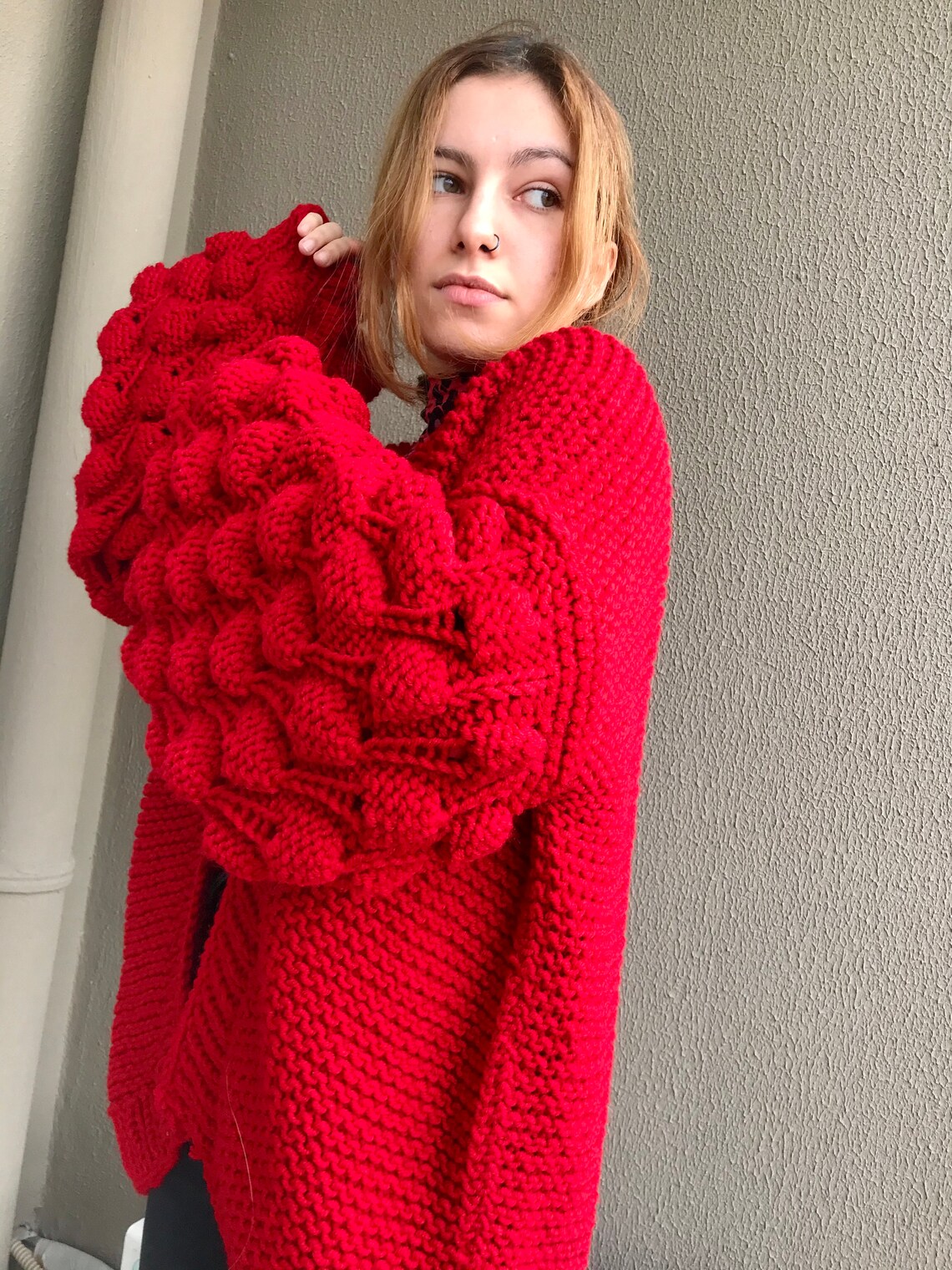 Red Bubble Sleeve Cardigan Oversized Knit Cardigan Chunky - Etsy