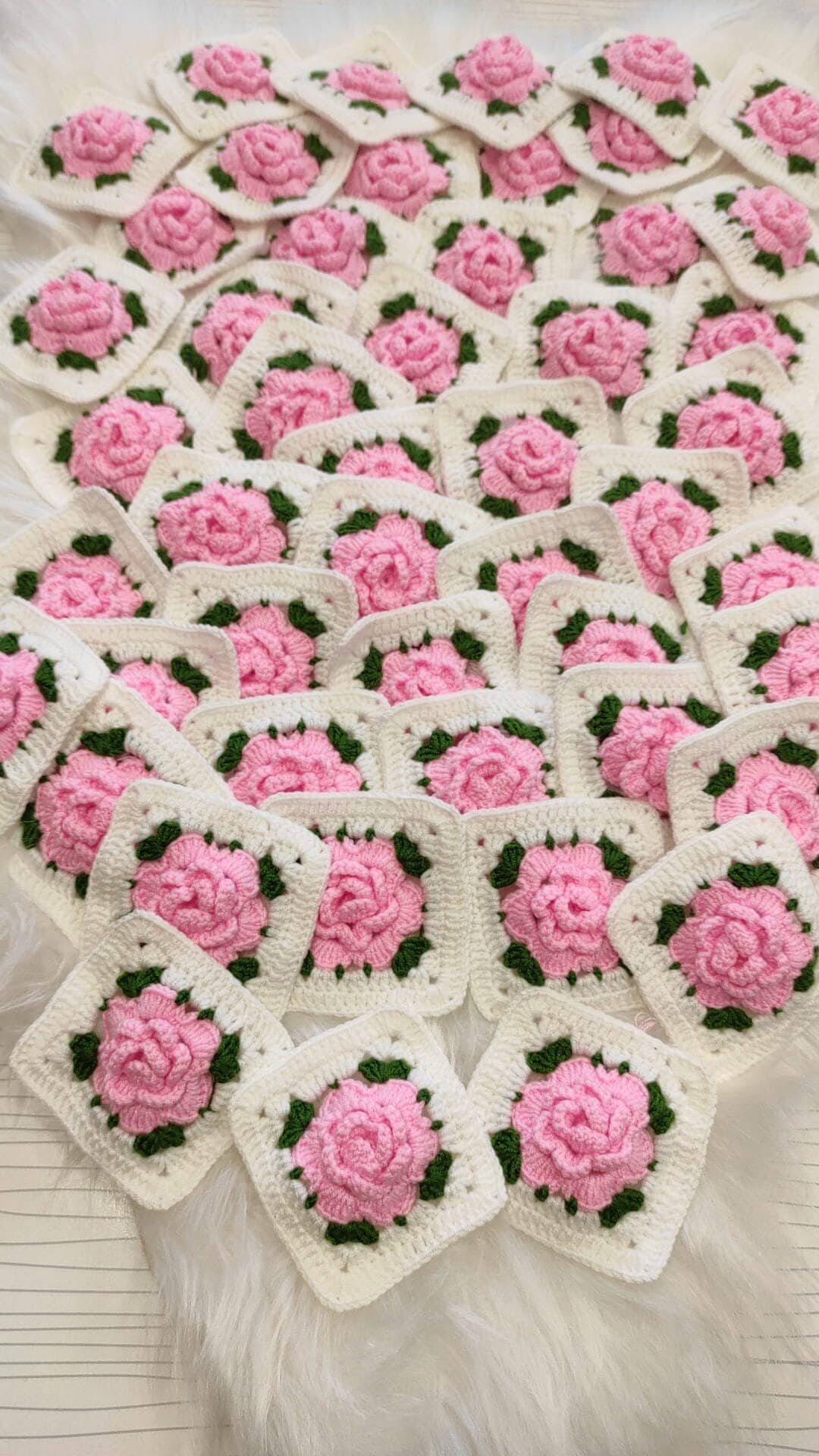 Crochet Rose Square Motif Set, Handmade Crochet Granny Square Motif ...