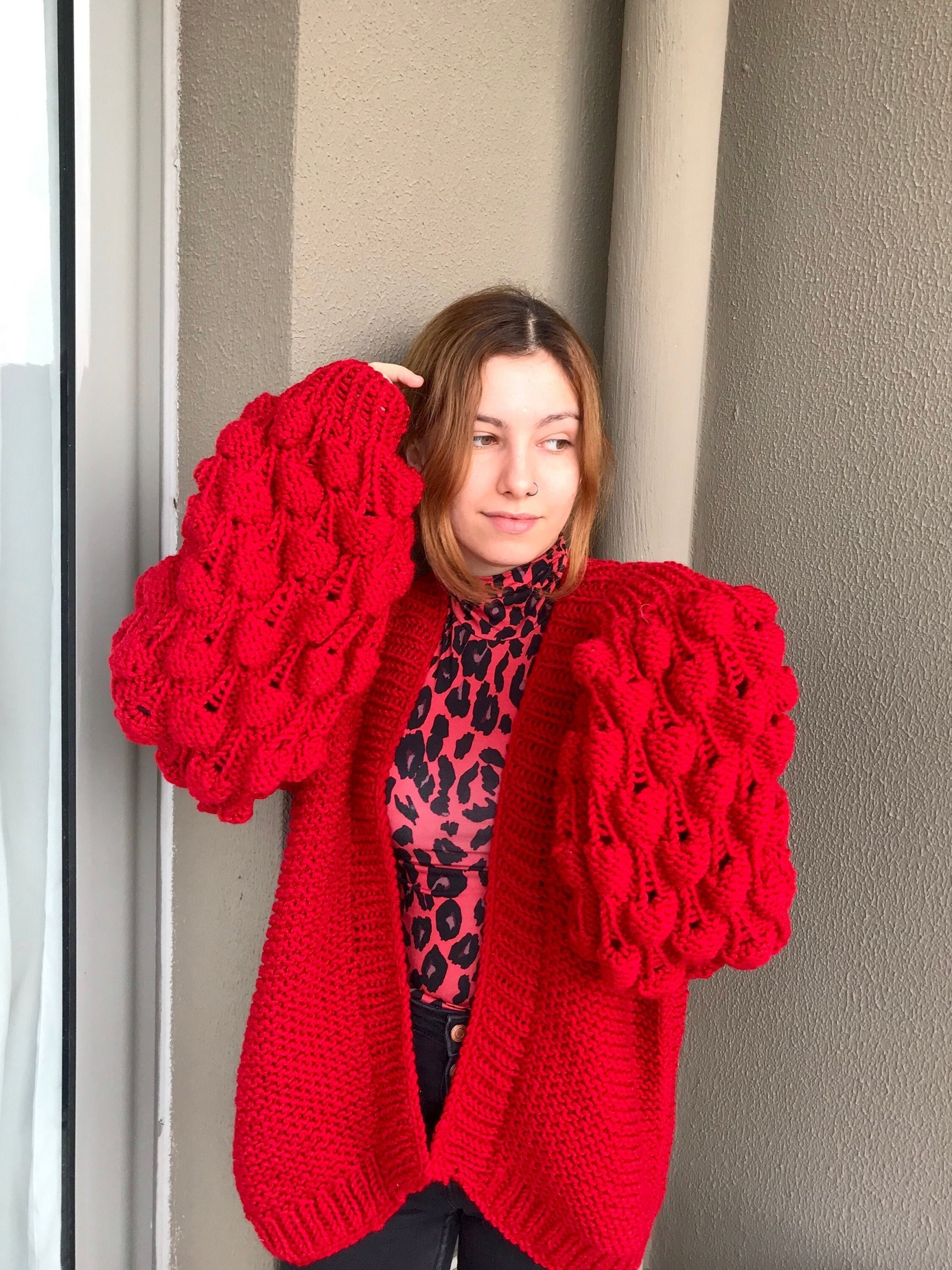 Red Bubble Sleeve Cardigan Oversized Knit Cardigan Chunky - Etsy