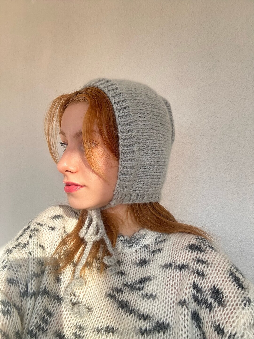 Hand-knitted Adult Bow Tie Bonnet, Handmade Gray Bonnet, Unisex Bonnet ...