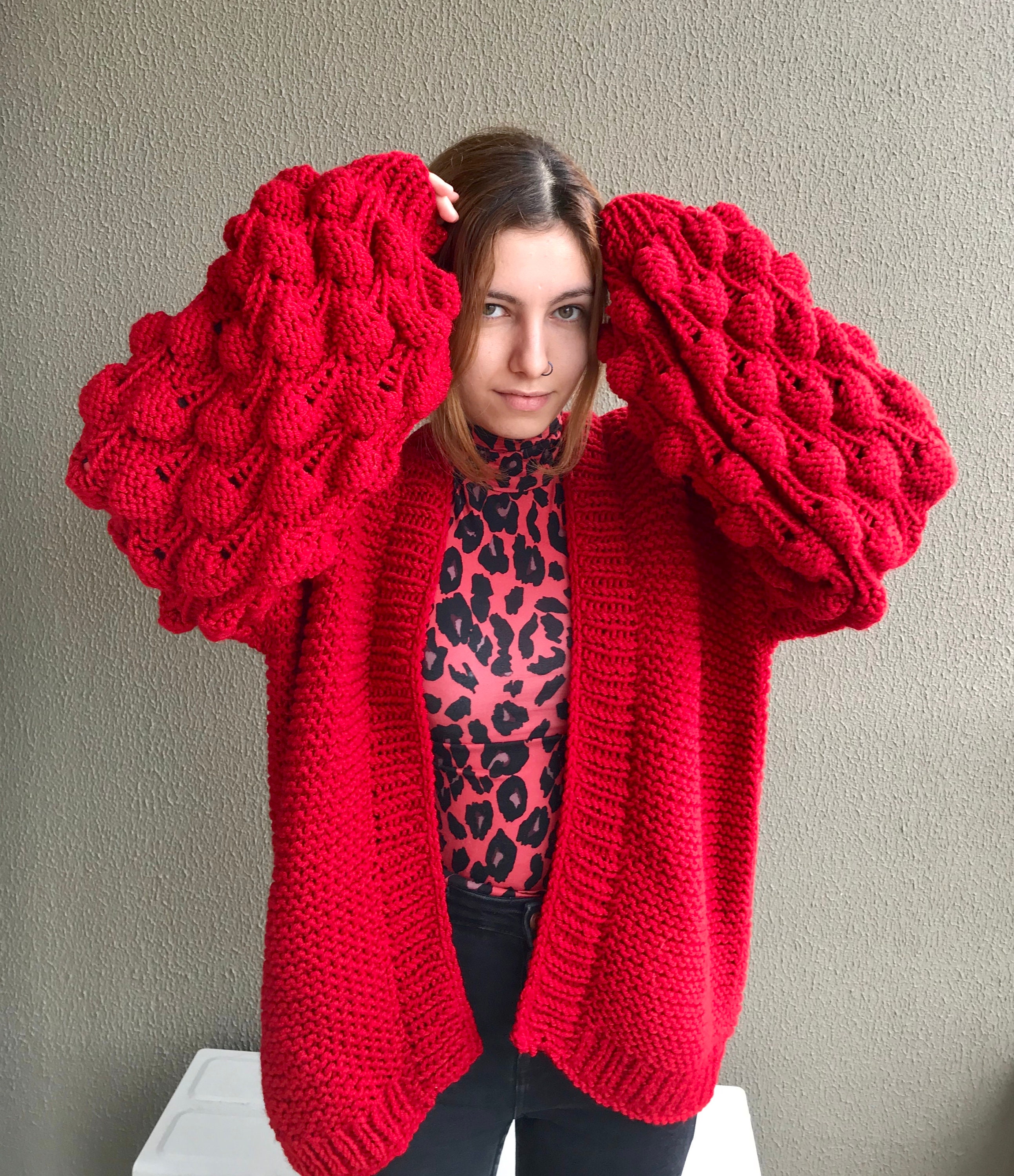 Red Bubble Sleeve Cardigan Oversized Knit Cardigan Chunky - Etsy